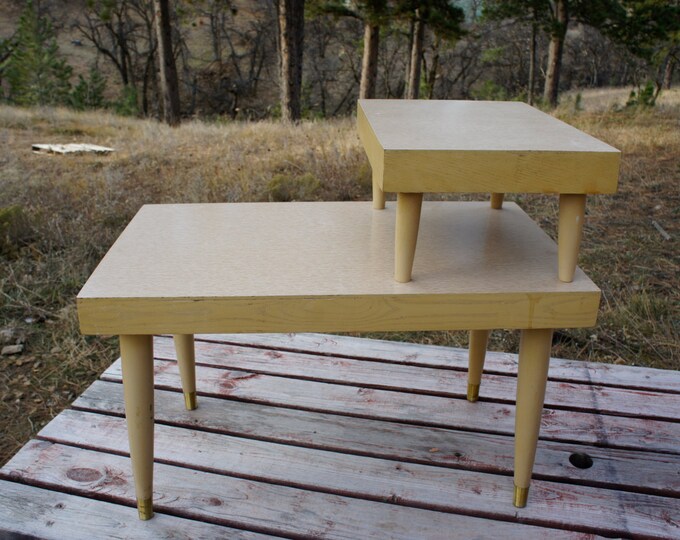 Vintage Blonde 2 Tier Step End Table Mid Century Couch Side Table ...