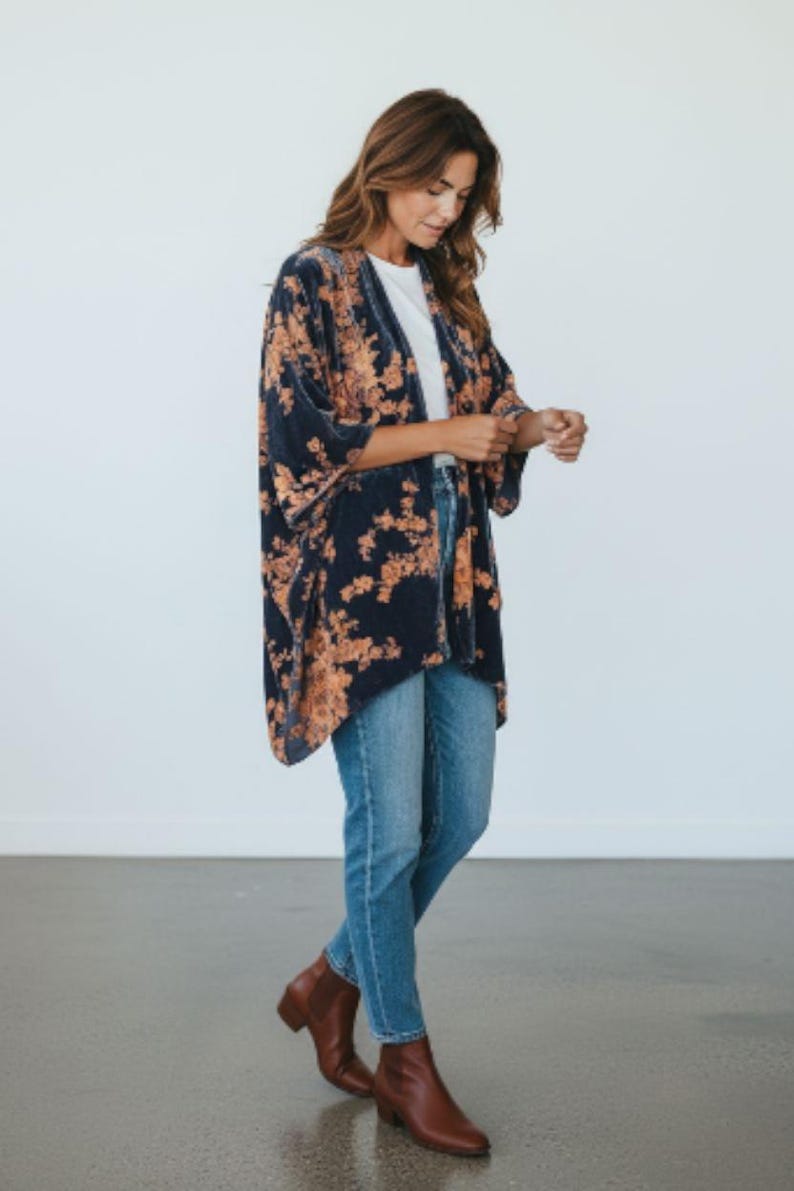 Women's Velvet Kimono Boho Kimono Style Grey Color With Flowers Print ...