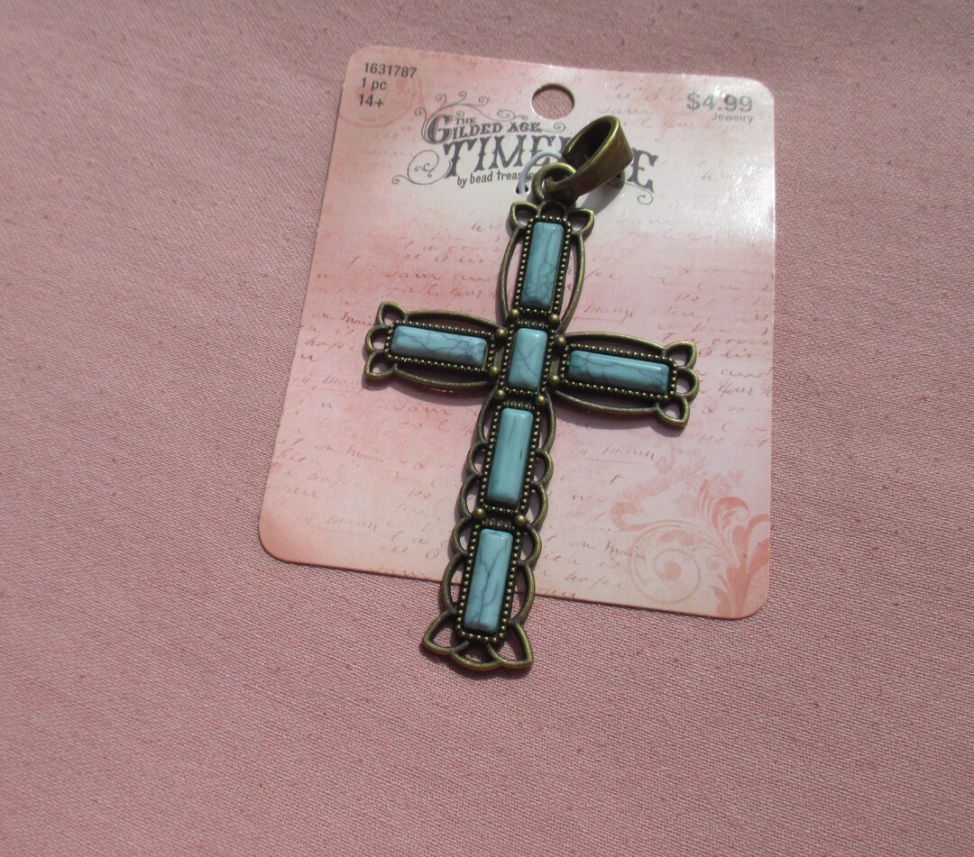 The Gilded Age by Bead Treasures Cross Faux Turquoise Cabochon Pendant ...
