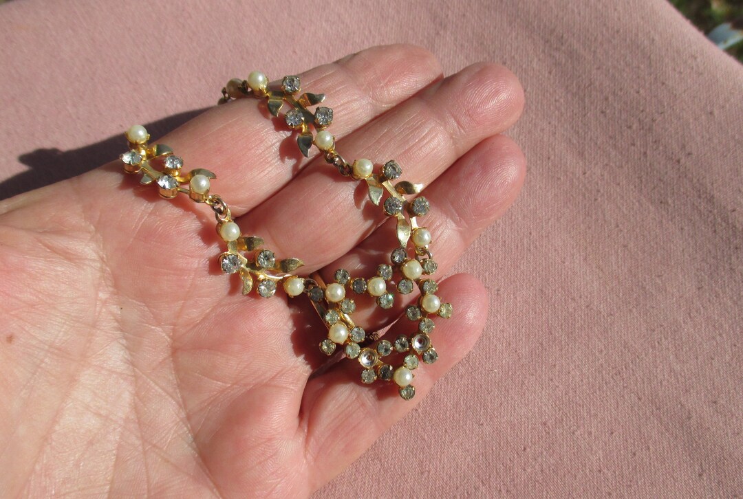 Heart Shaped Faux Pearl Rhinestone Linked Necklace TLC, Missing Beads ...