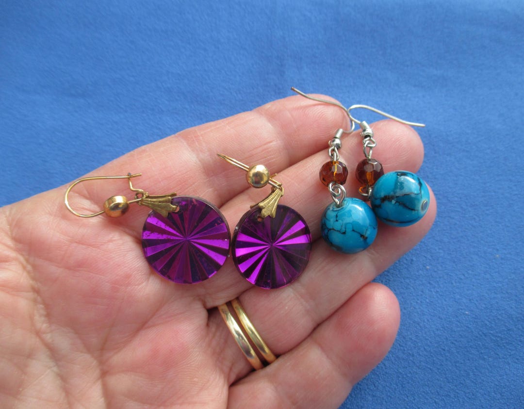 Purple Disc & Blue Beaded Dangling Pierced Earrings - Etsy