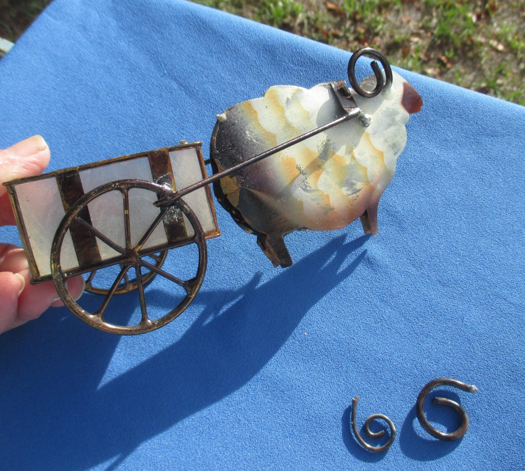Metal & Capiz Shell Sheep With Wagon Figurine Loose Horn, Tail Repair ...