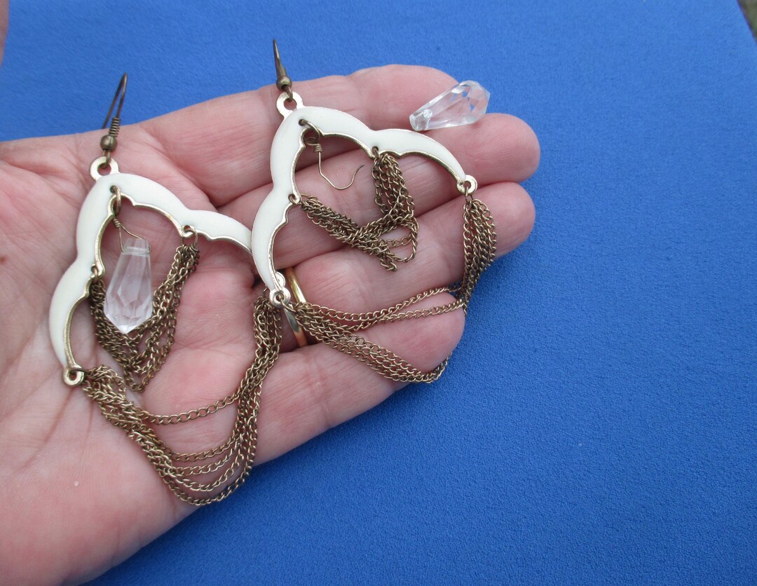 White Enamel Clear Teardrop Dangling Chains Pierced Earrings Loose Bead ...