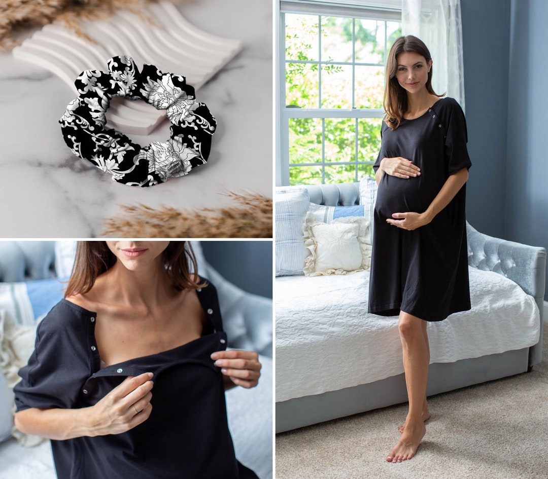 Black Jersey Knit Gownie & ABIGAIL Scrunchie Set / Maternity Labor ...