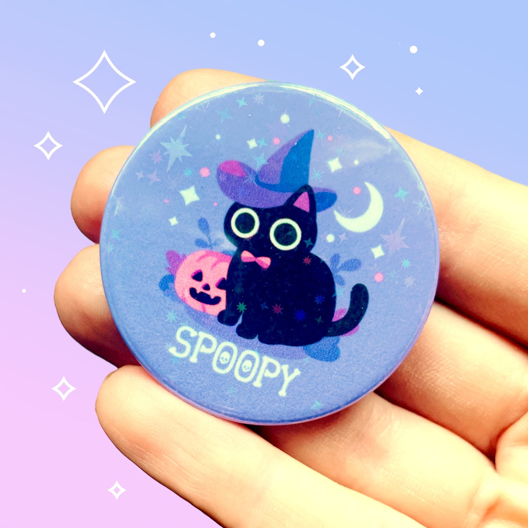 Spoopy Cat Sparkly Pin Back Button 45mm Badge Cute Funny Witch ...