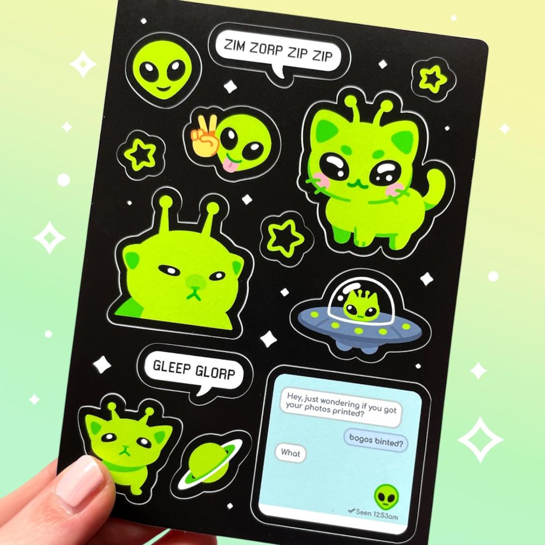 Alien Cat A6 Sticker Sheet | Glorp Gnarp Funny Space UFO Meme Stickers ...