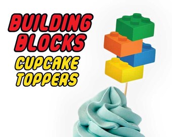 Building Blocks Theme Birthday Party Cupcake Toppers Yellow Red Blue ...