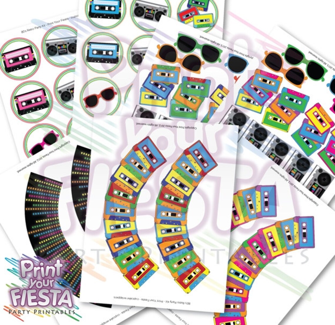 Print Your Fiesta Editable Digital Party Set - 80's Retro Cupcake Kit ...
