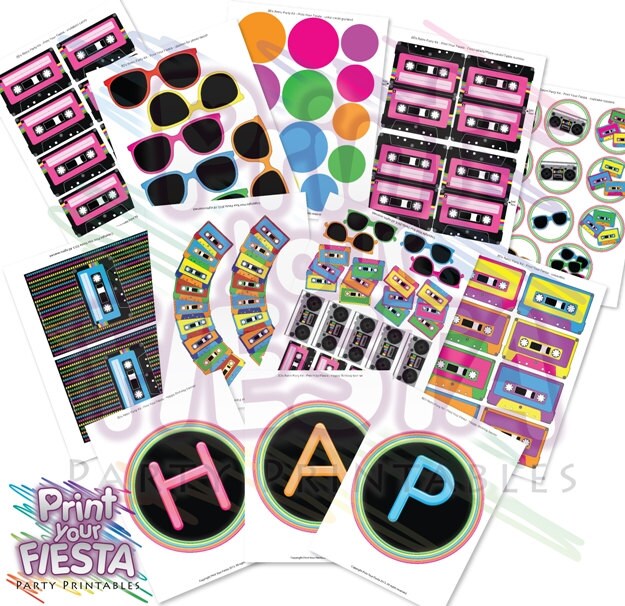 Print Your Fiesta Editable Digital Party Set 80's Retro Party Kit Cards ...