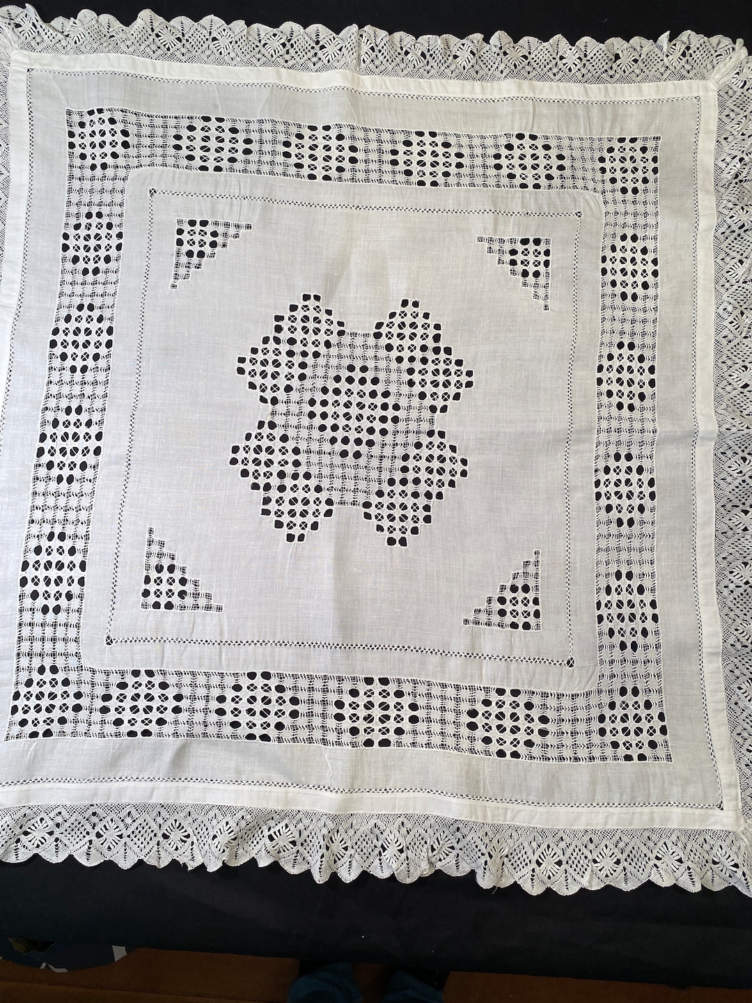 Linen Vintage Linen Cutwork and Lace Small Square Tablecloth or Table ...