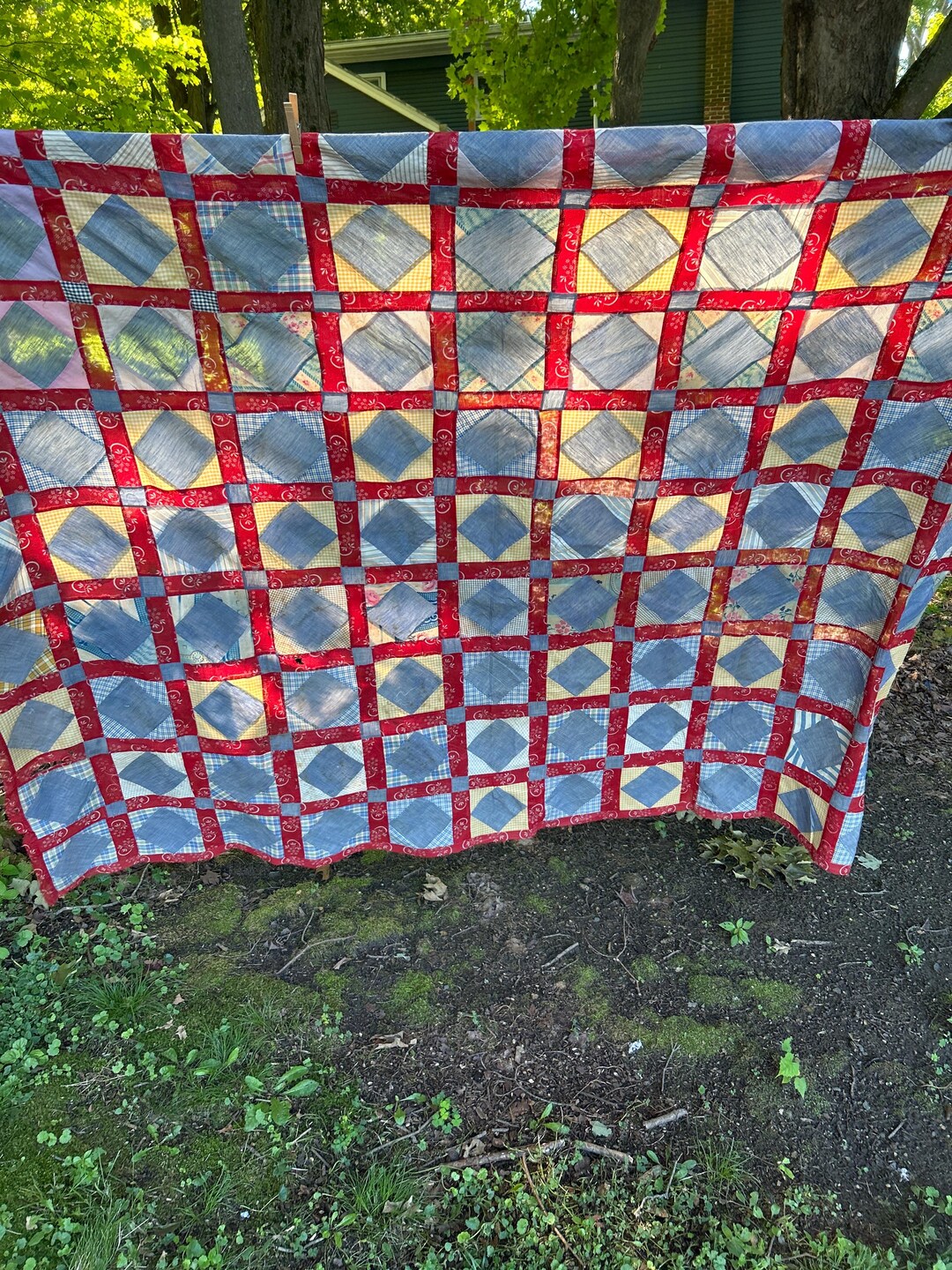 Vintage Red and Denim Colored Cotton Quilt Top - Etsy