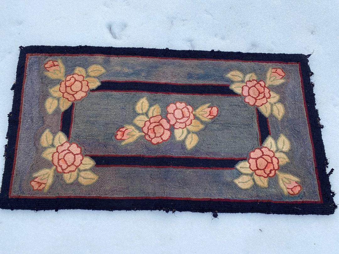 Vintage Hooked Rug Floral Grey Pink Black Trim - Etsy