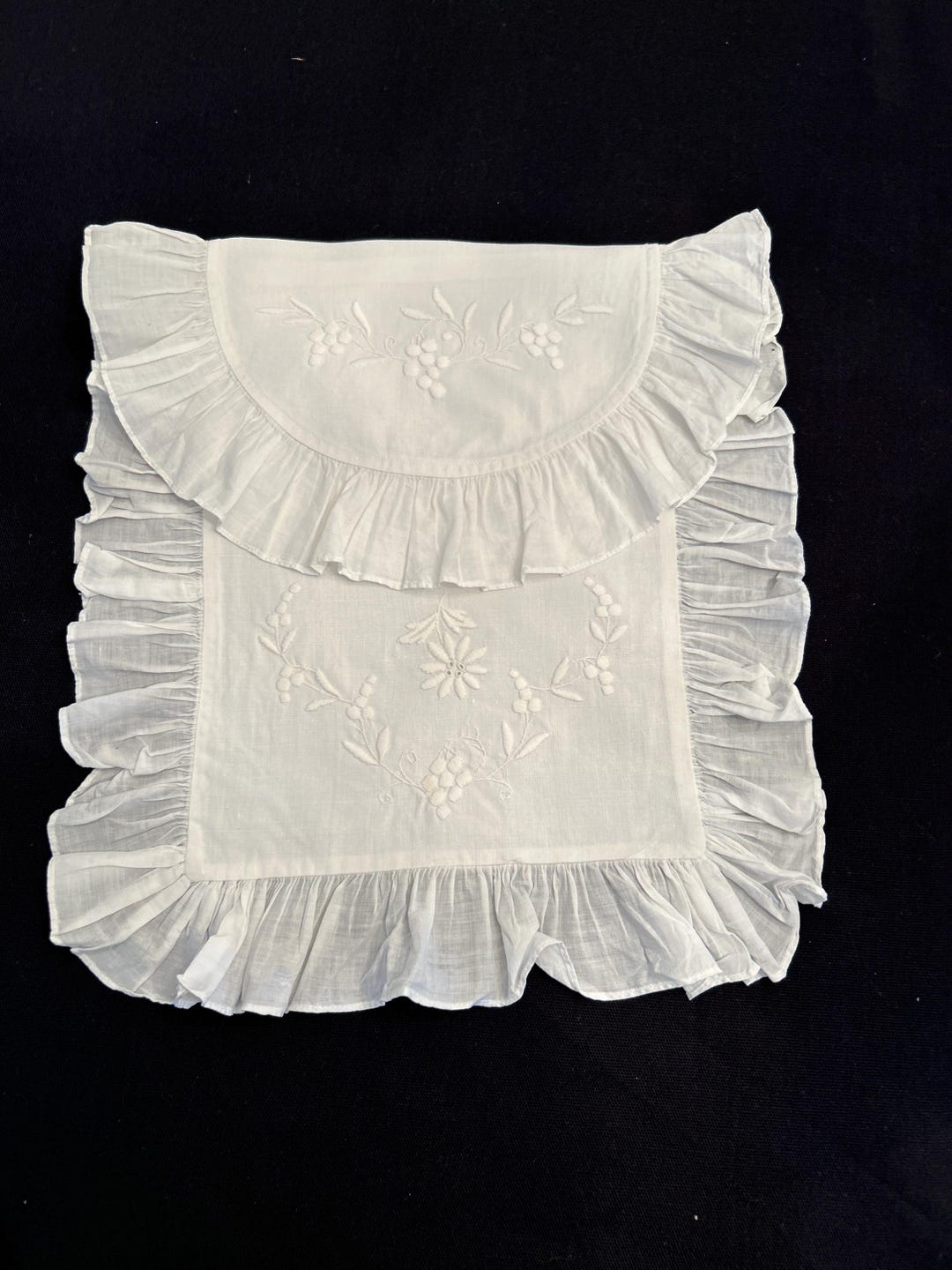 Vintage Lingerie or Handkerchief Bag Whit With Embroidery and Ruffles ...