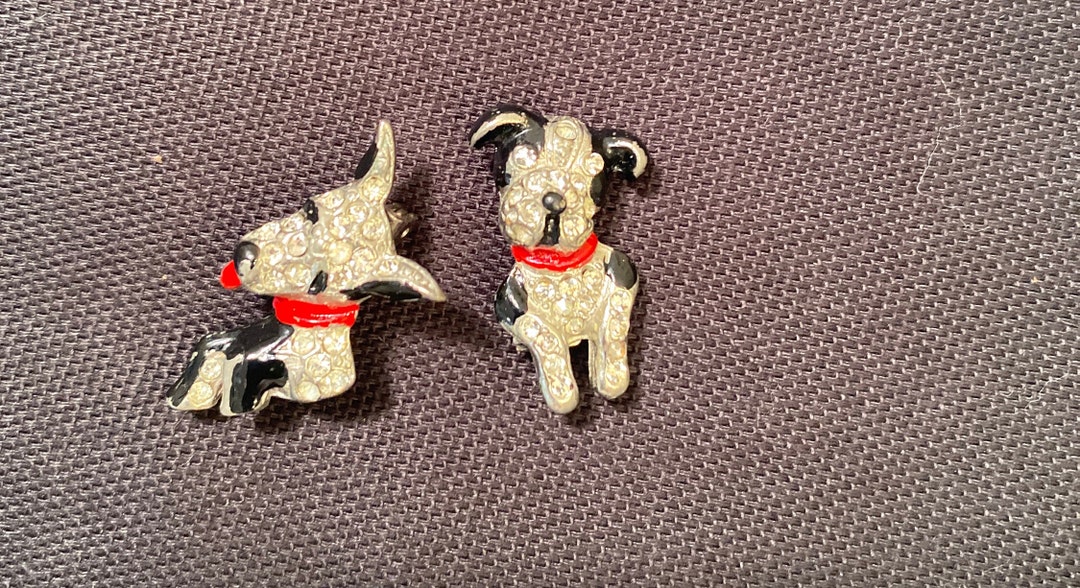 Pair of Vintage Mini Enamel and Marcasite Dog Pins - Etsy