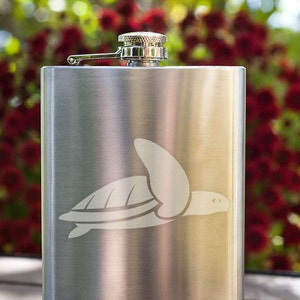 Swimming Sea Turtle Customizable Etched Stainless Steel Flask Barware ...