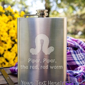 Piper the Red Worm Customizable Etched Stainless Steel Flask Barware ...