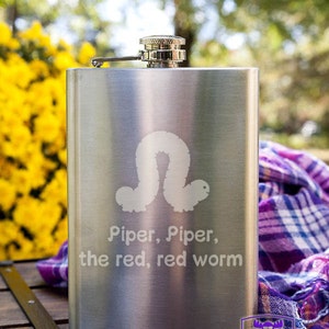 Piper the Red Worm Customizable Etched Stainless Steel Flask Barware ...