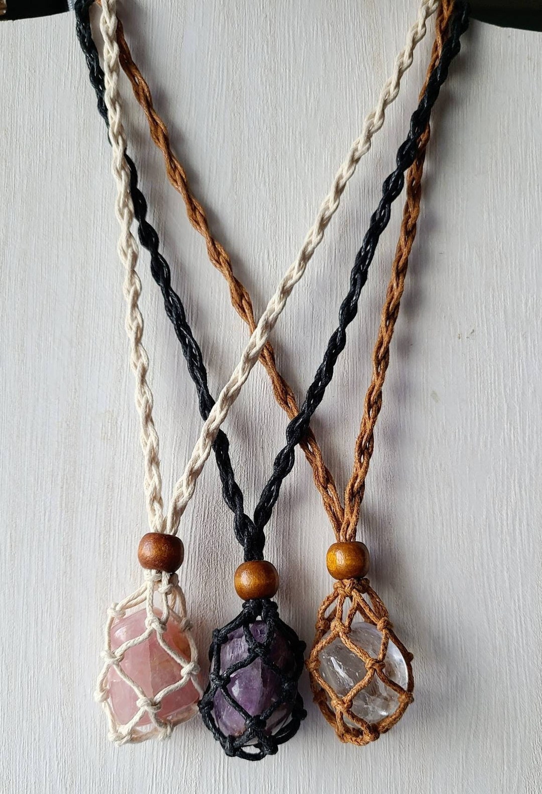 Macrame Crystal Pouch Necklace, Amethyst Necklace, Tumbled Stones - Etsy