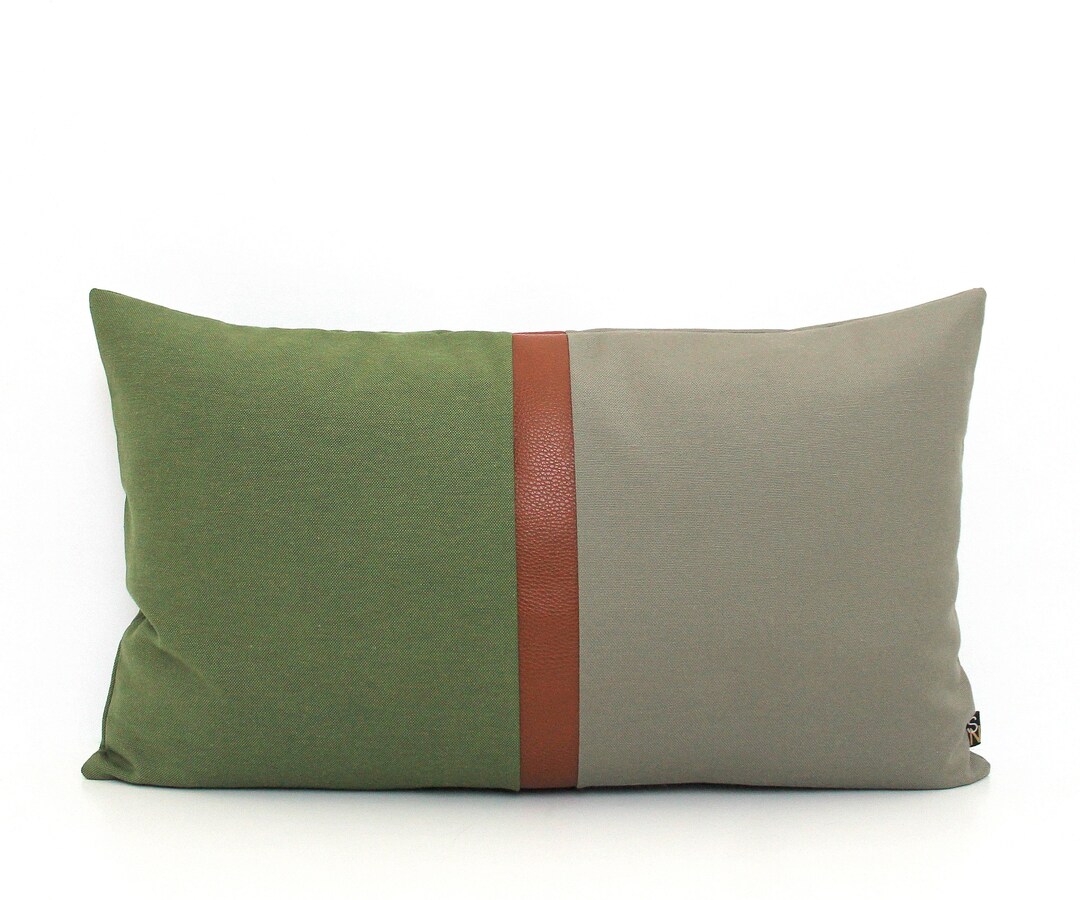 Olive Green, Dark Grey and Brown Faux Leather Colorblock Lumbar Pillow ...