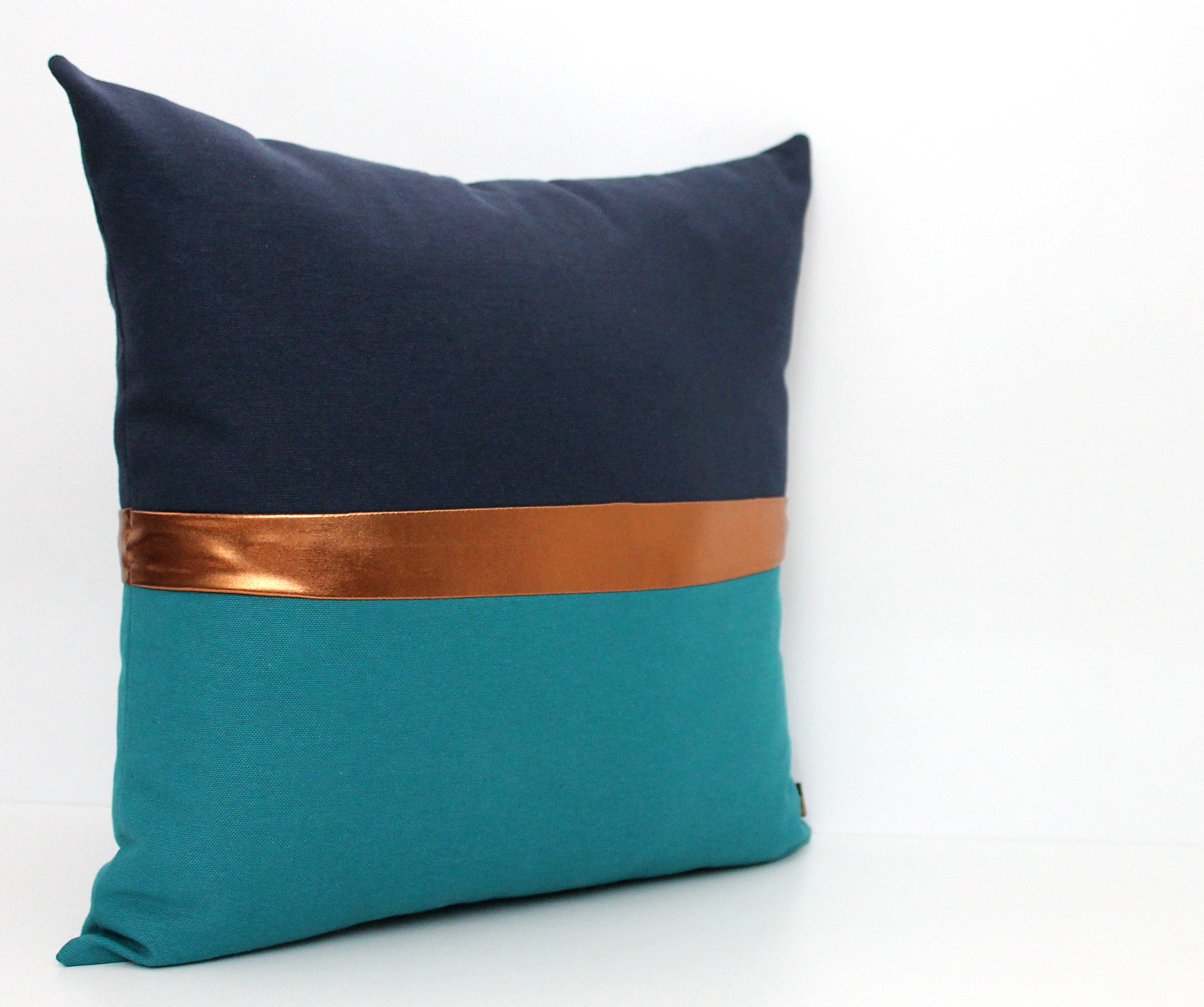 Dark Teal Navy Blue and Metallic Copper Pillow Colorblock | Etsy