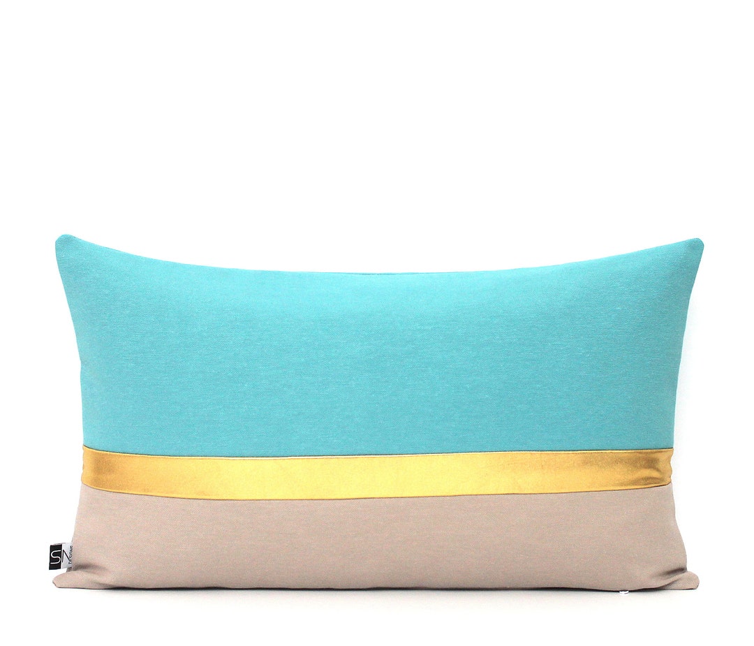 Turquoise, Stone and Metallic Gold Colorblock Pillow Cover, Throw ...