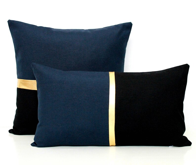 Navy Blue Black and Metallic Gold Colorblock Pillow Cover - Etsy