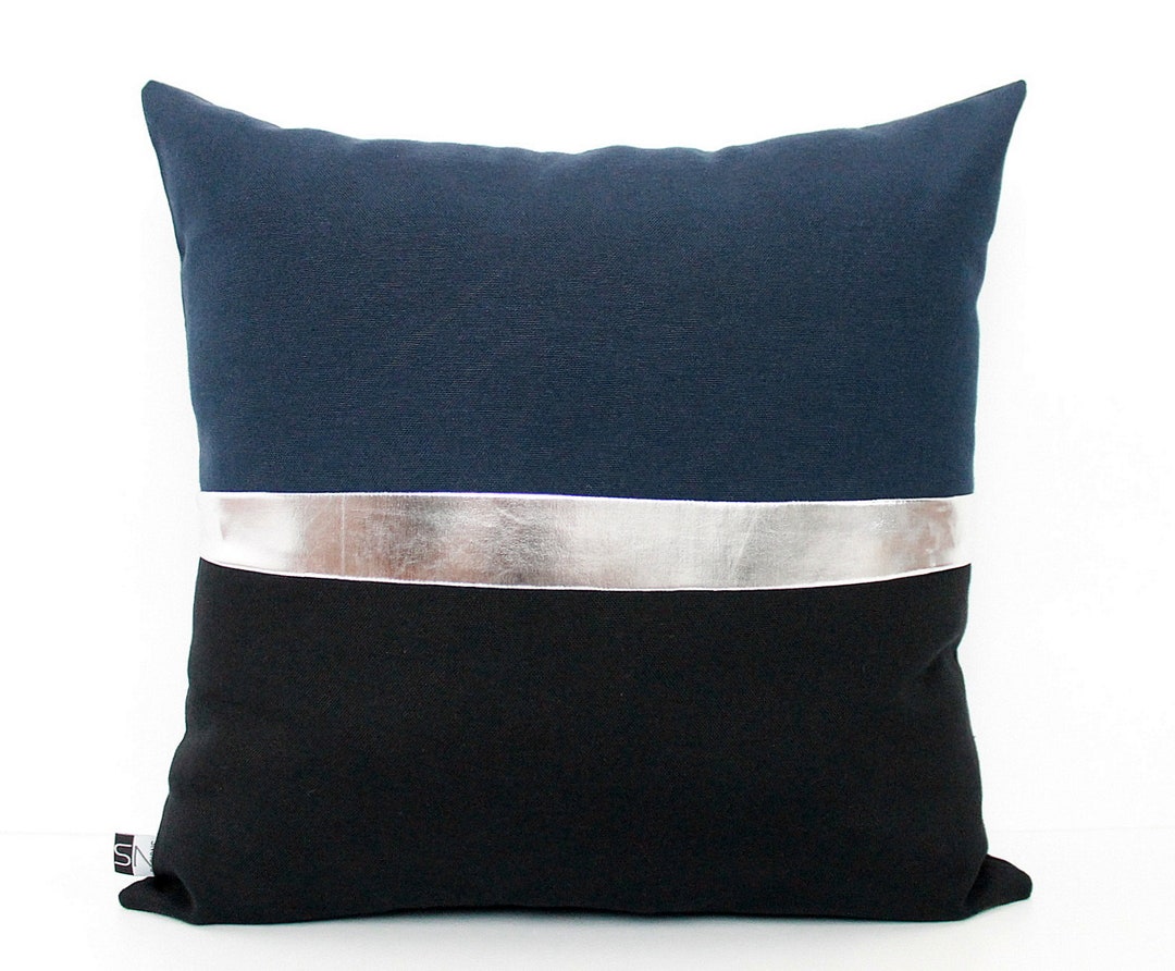 Silver Pillow Cover, Navy Blue and Black Colorblock Cushion All Sizes ...