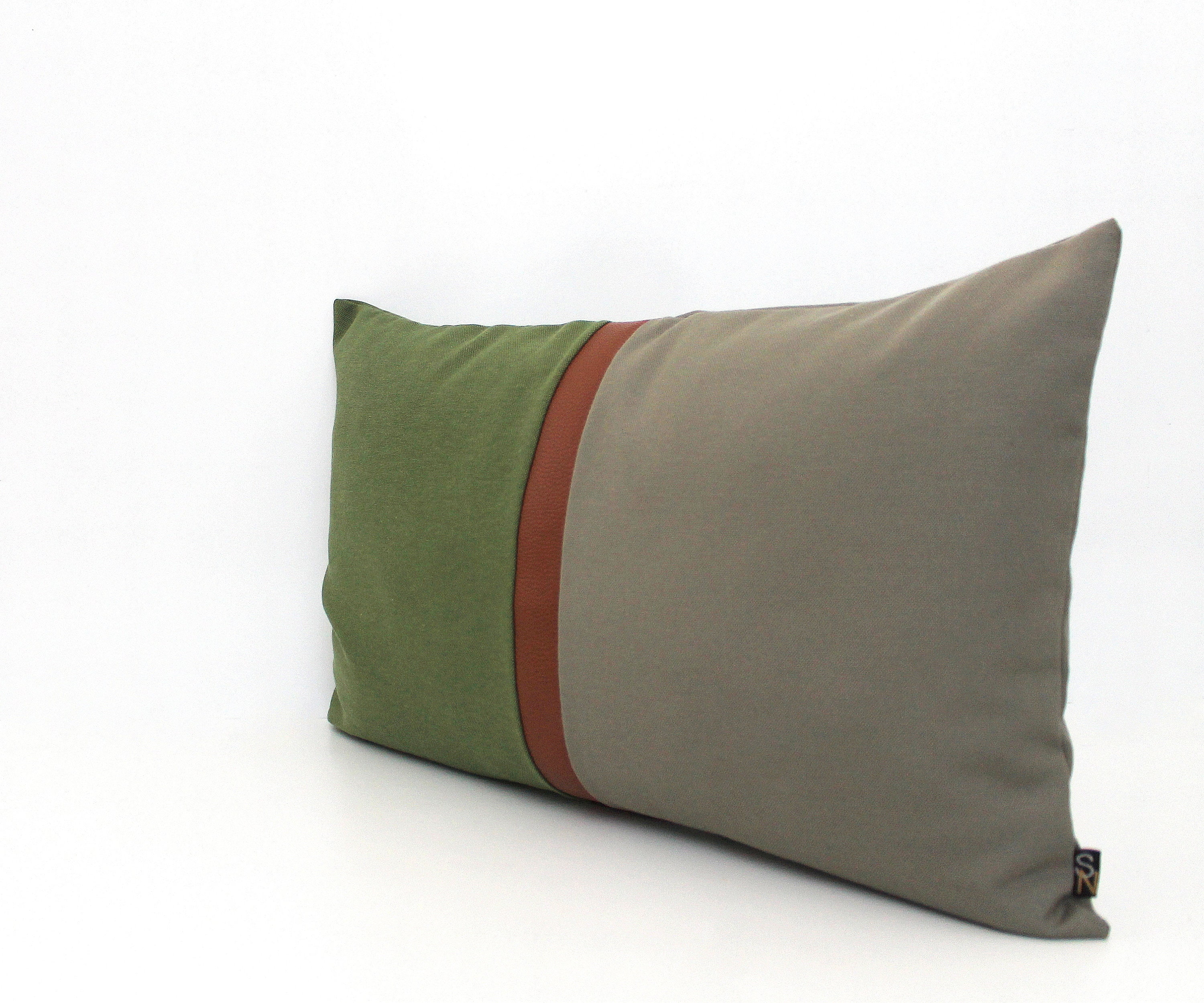 Olive Green, Dark Grey and Brown Faux Leather Colorblock Lumbar Pillow ...