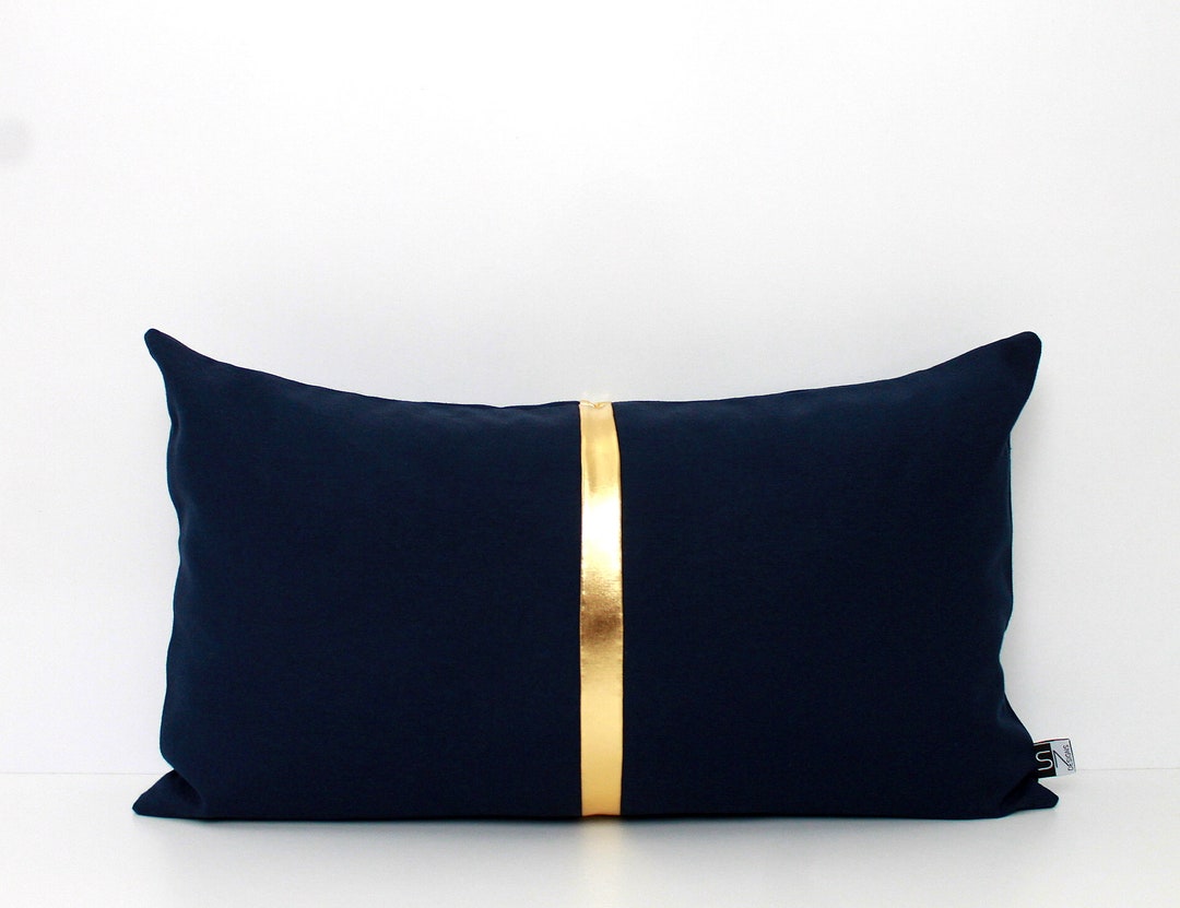 Navy Blue and Gold Lumbar Colorblock Pillow Cover, Metalic Stripe in ...