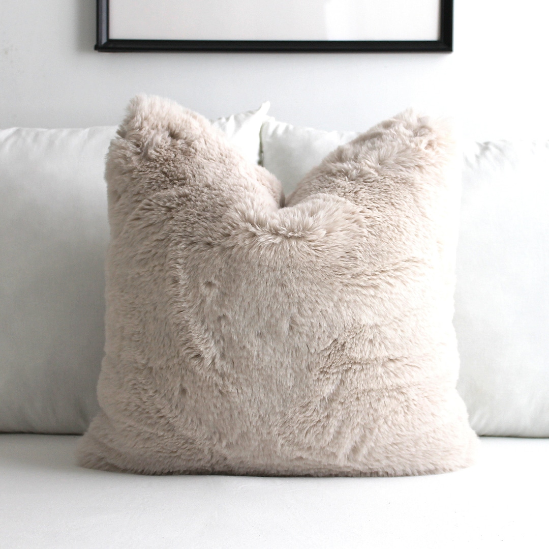 Luxurious Puffy Faux Fur Pillow Cover - Light Taupe Cozy Plush Faux Fur ...