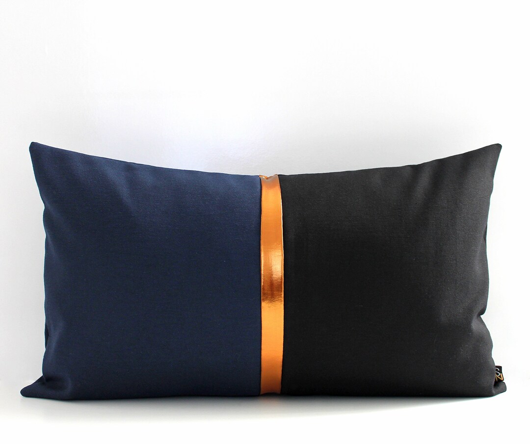 Navy Blue, Black and Metallic Copper Colorblock Lumbar Pillow Cover ...