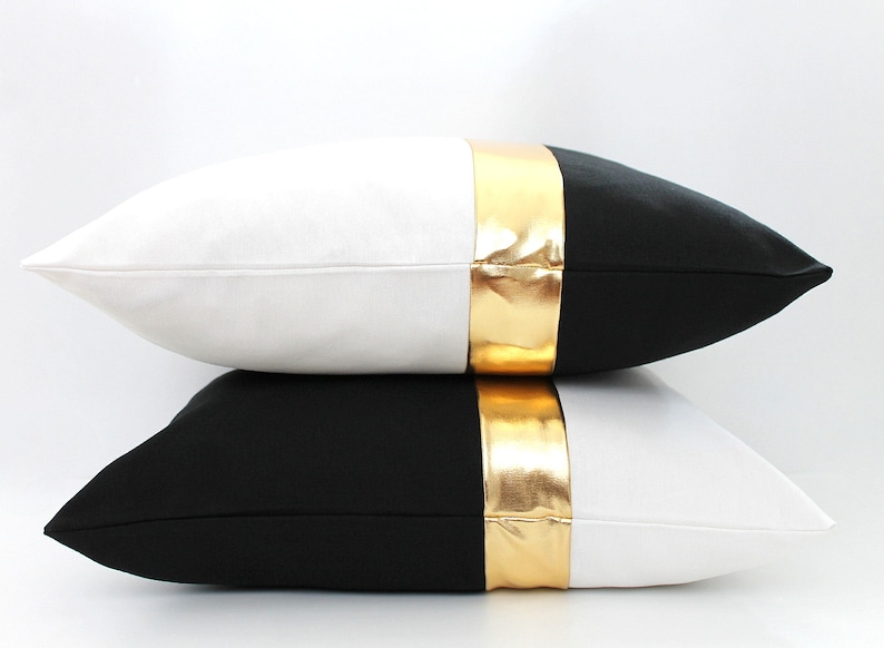 White Black and Metallic Gold Colorblock Pillow Cover All - Etsy