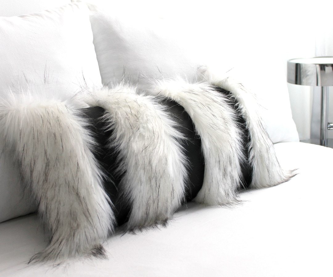 Faux Fur & Faux Leather Textured Pillow Cover, Snow Fox With Black ...