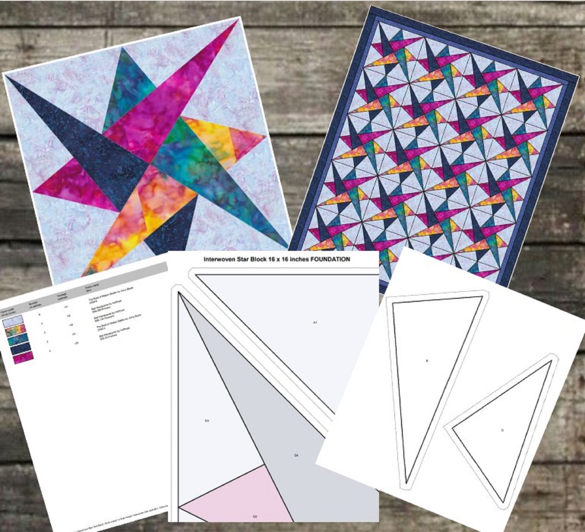 Interwoven Star Quilt Block Pattern in 2 Sizes 12 X 12 in and 16 X 16 ...