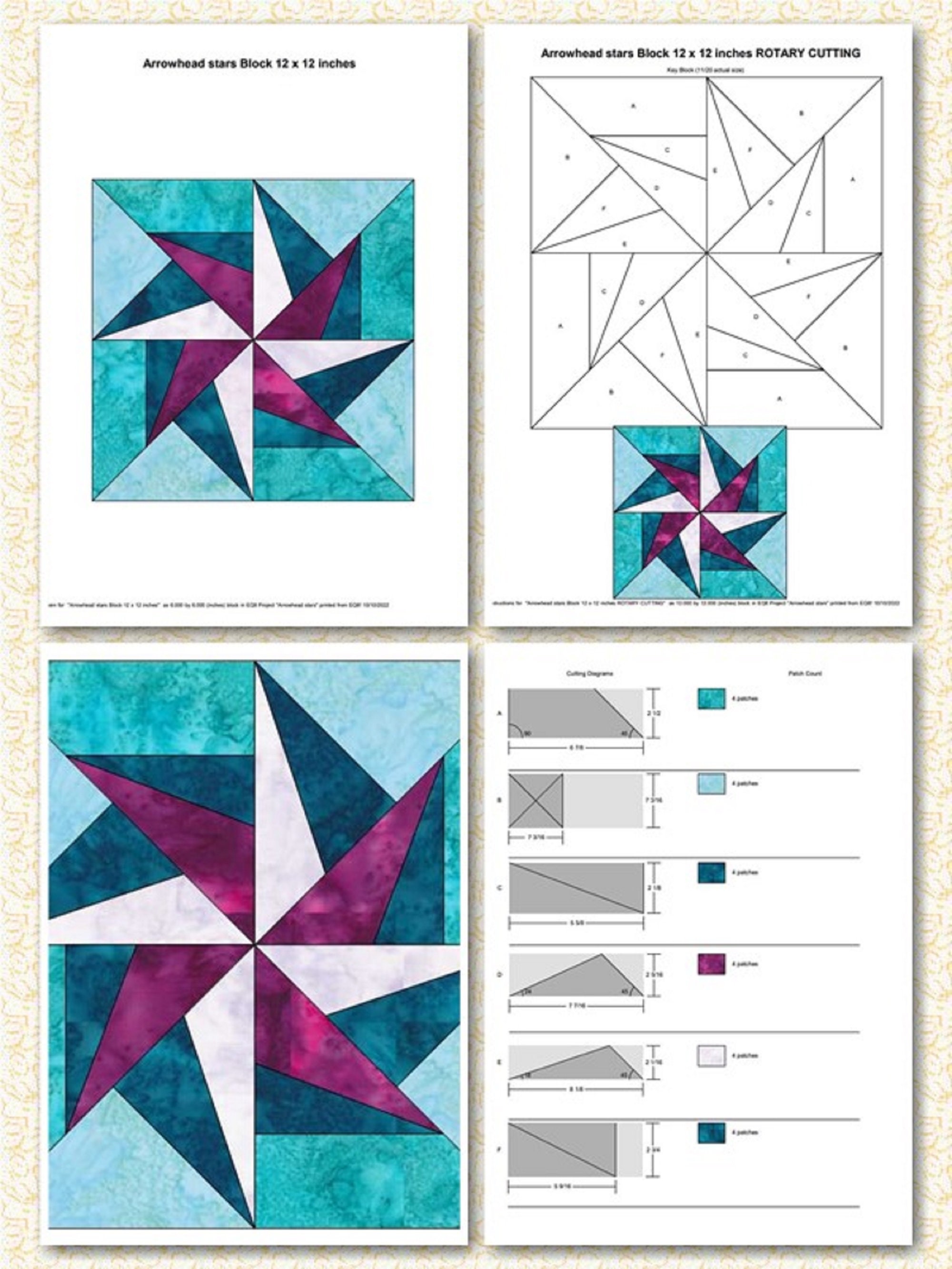 Arrowhead Stars Quilt Block Pattern in 2 Sizes 12 X 12 in and 16 X 16 ...