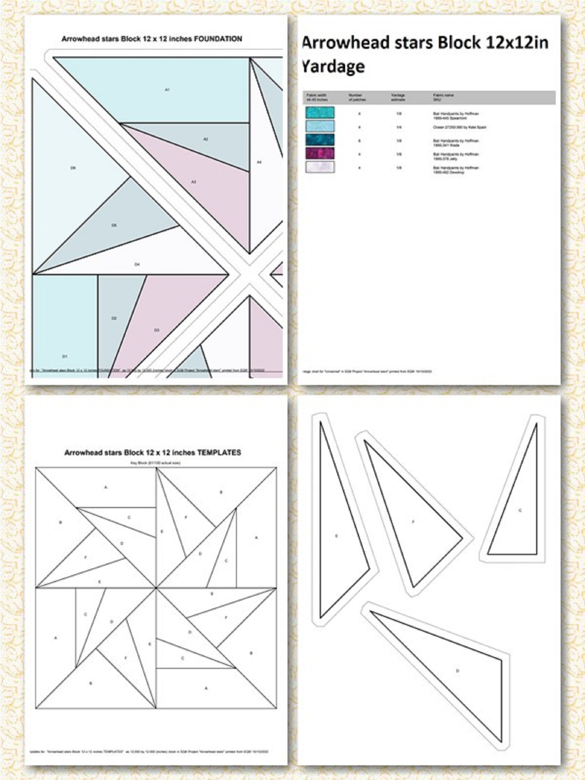 Arrowhead Stars Quilt Block Pattern in 2 Sizes 12 X 12 in and 16 X 16 ...