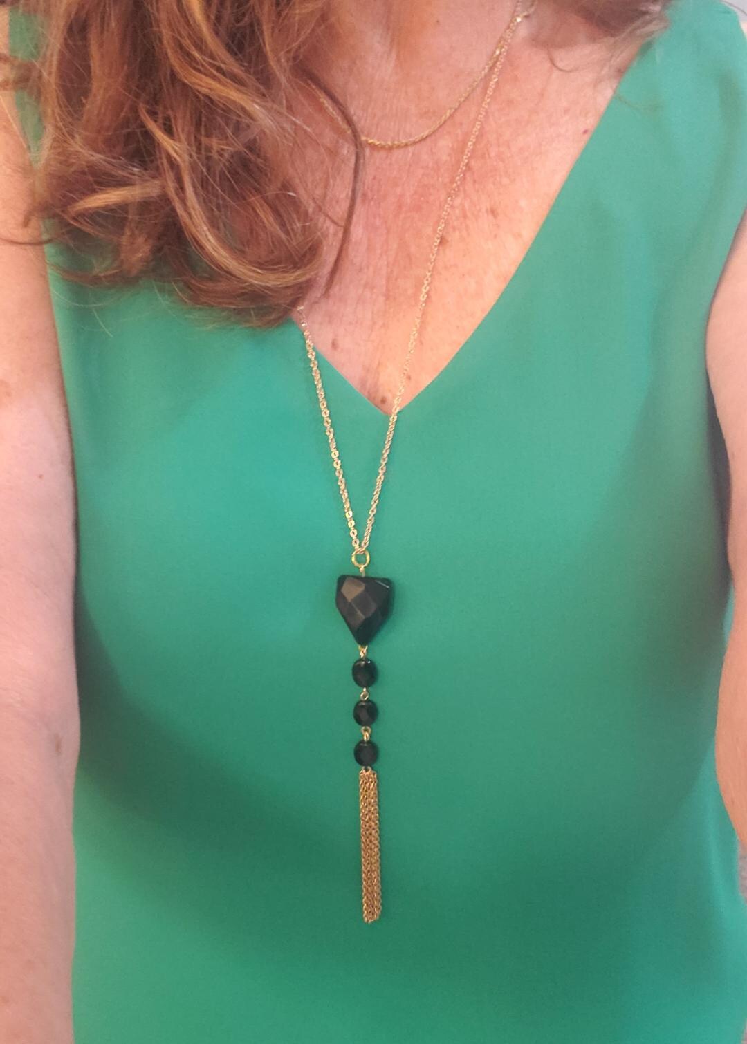 Extra Long Gold Chain Necklace With Black Beads and Chain Tassel ...