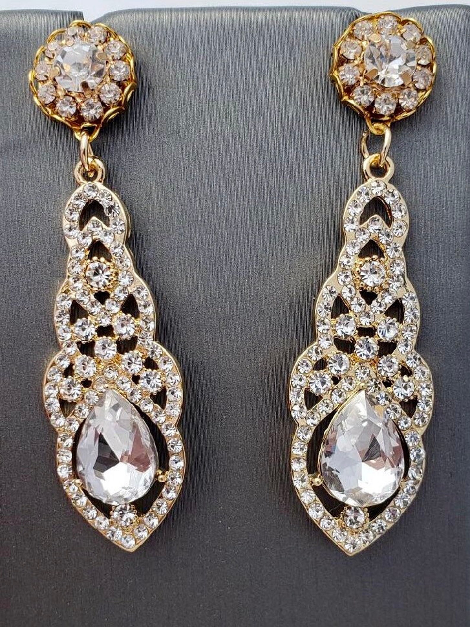 Vintage Inspired Gold With Clear Rhinestone Large Tear Drop - Etsy