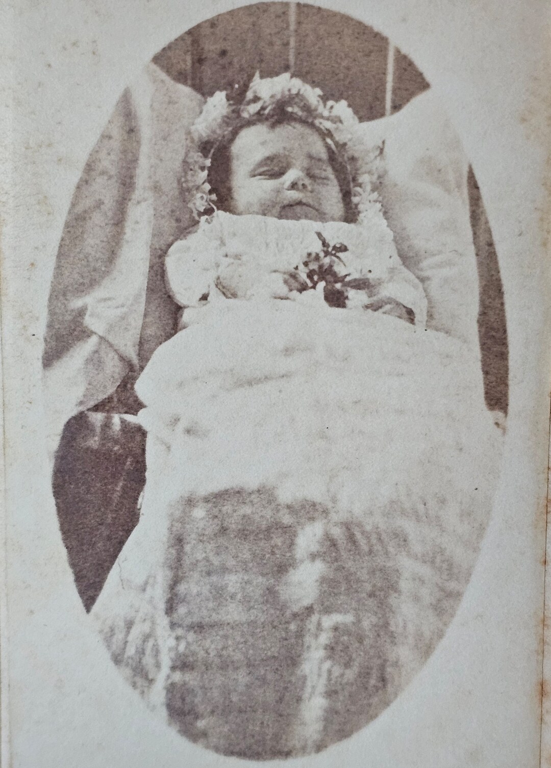 Beautiful Post Mortem CDV of an Infant Donning Flower Hair Wreath and ...