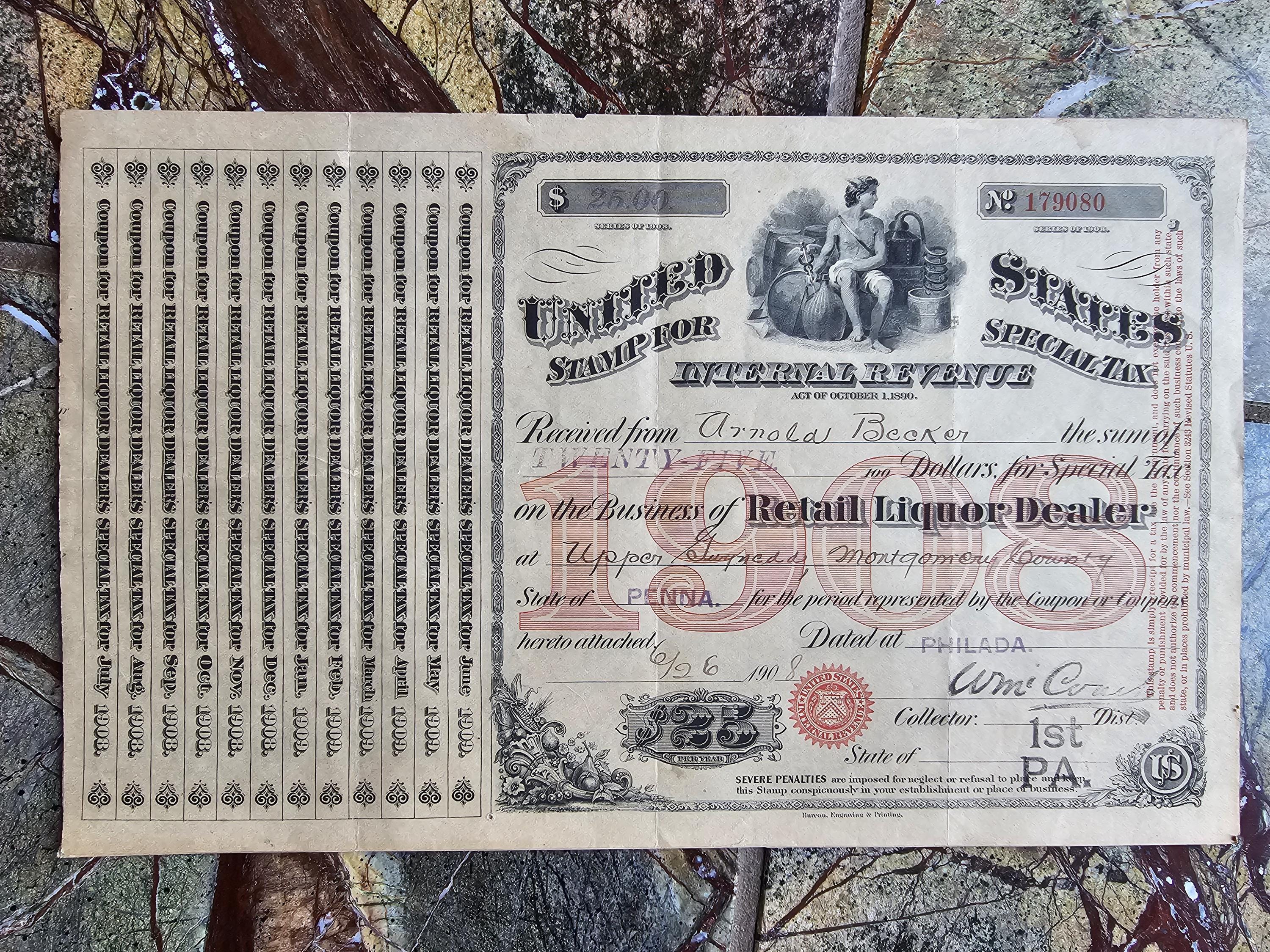 Original Alcohol Liquor Retail Tax Stamp License Victorian IRS Internal ...