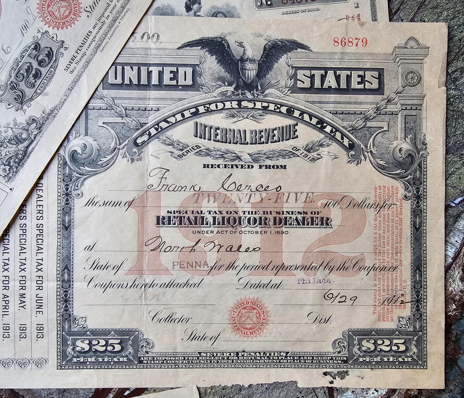 Original Alcohol Liquor Retail Tax Stamp License Victorian IRS Internal ...