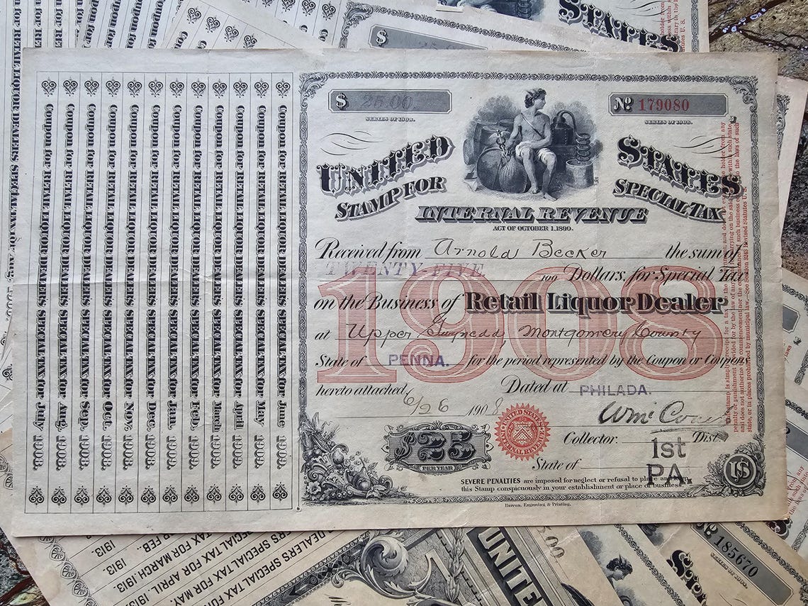 Original Alcohol Liquor Retail Tax Stamp License Victorian IRS Internal ...