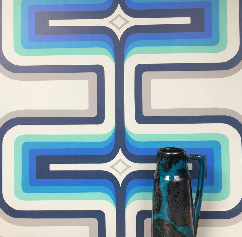 1970s Retro Wallpaper, Blue, Aqua + White - Etsy
