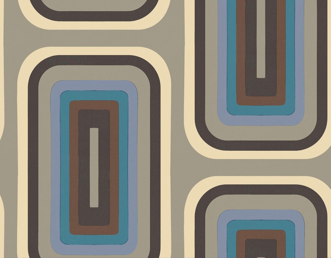 Retro Oblong Wallpaper, Grey + Blue - Etsy