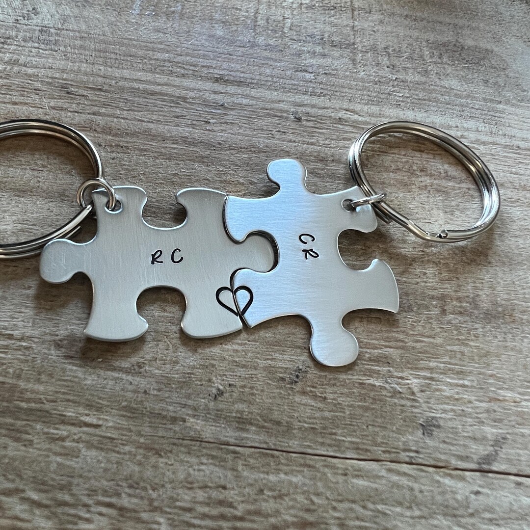 Hand Stamped Puzzle Piece Keychain Set: Stainless Steel His & Hers ...