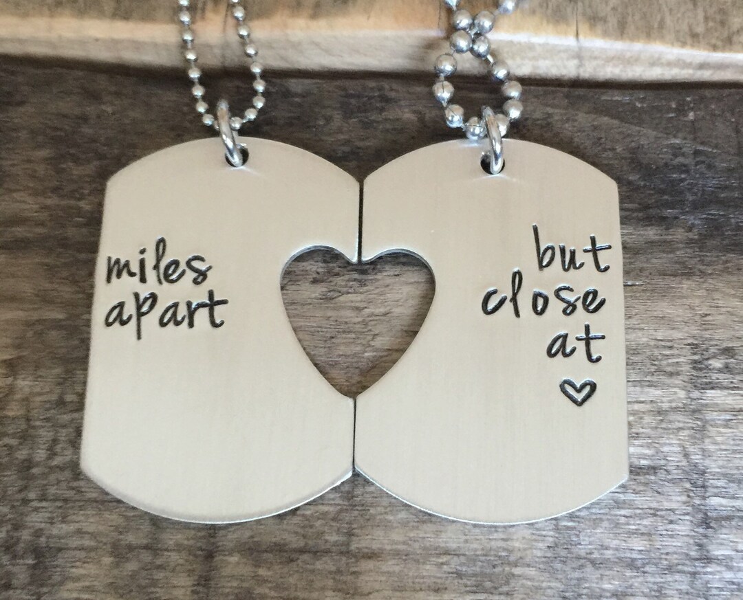 Hand Stamped Pewter Dog Tag Necklace Set: Long Distance Relationship ...