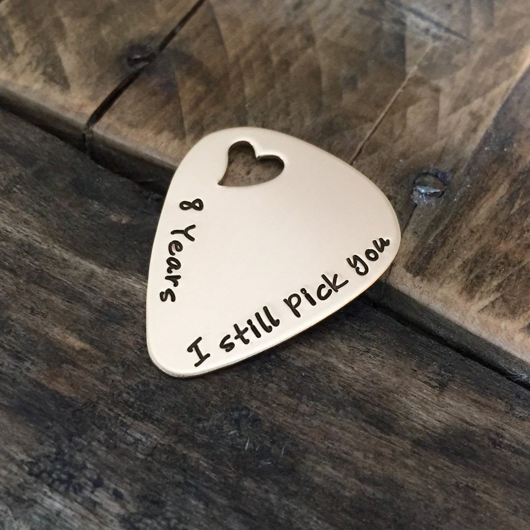 Hand Stamped Bronze Guitar Pick Open Heart 8 Year Anniversary Gift - Etsy