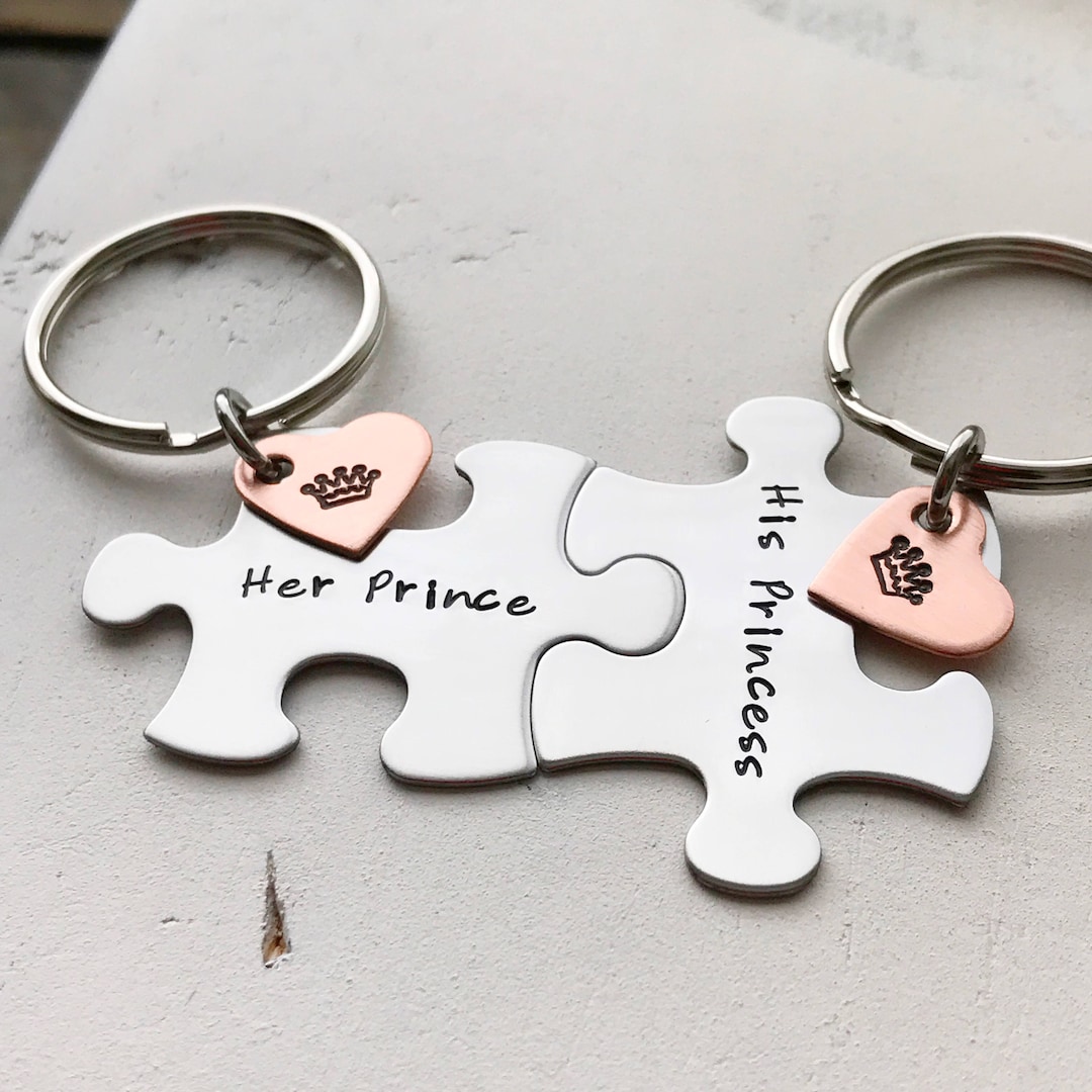 Puzzle Piece Keychain Set Hand Stamped His and Her Gift Crown Hand ...