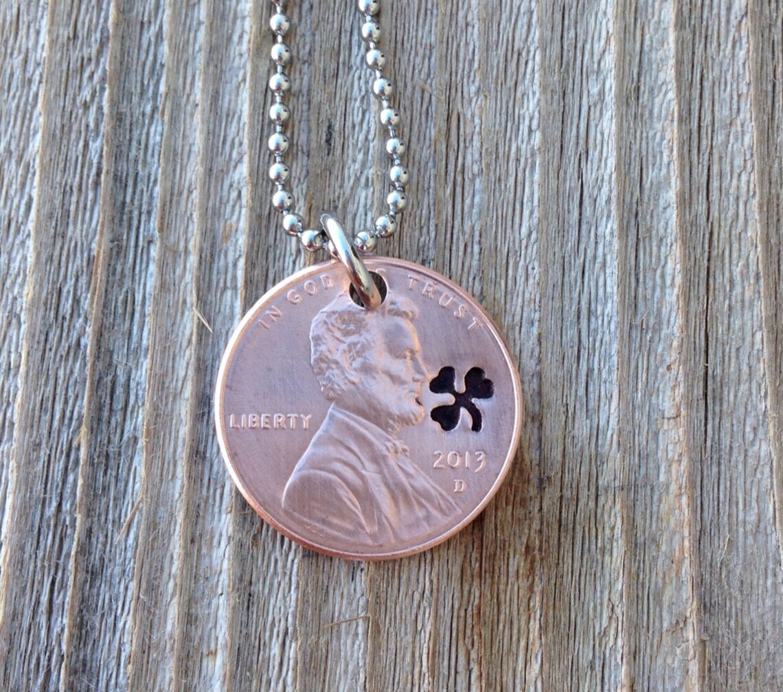 Lucky Penny Necklace With Hand Stamped Shamrock St Patricks Day Gift ...
