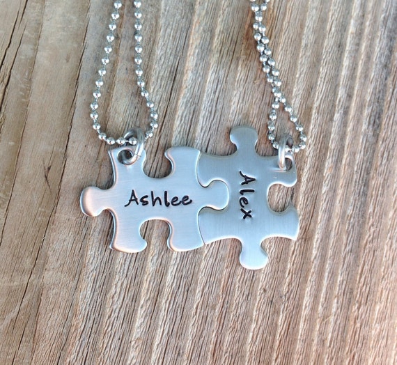 Mini puzzle piece necklace hand stamped gift best friend sisters bridesmaid gift stainless steel his and her